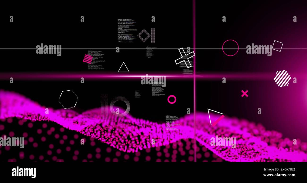 Image of rotating shapes, pink scanner beams and network waves over processing data, on black ...