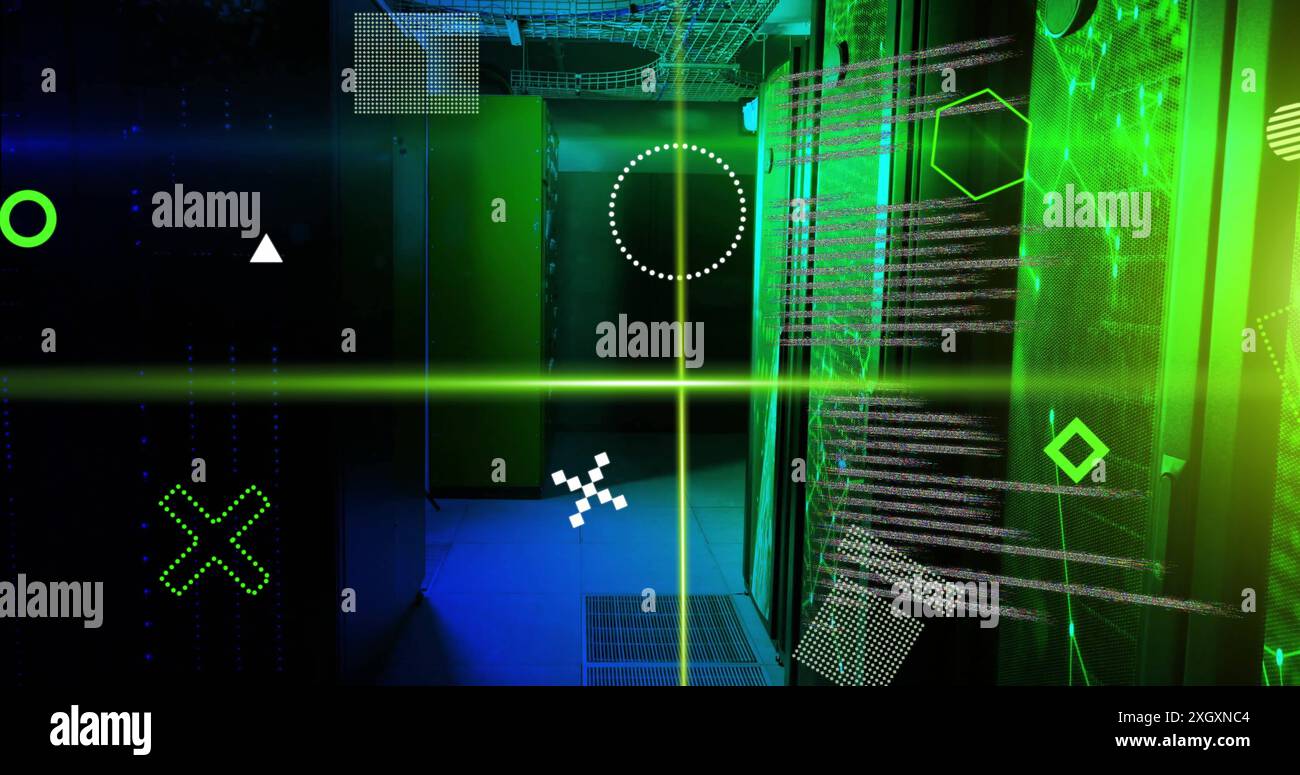 Image of rotating shapes, green scanner beams and processing data over ...