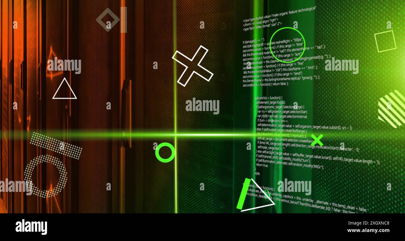 Image of rotating shapes, green scanner beams processing data and ...