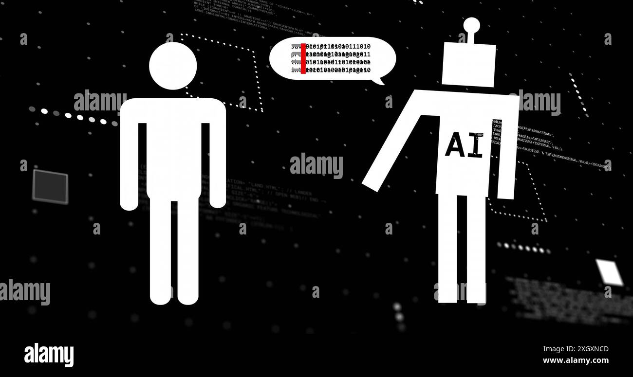 Image of ai chat bots and data processing over black background Stock Photo - Alamy