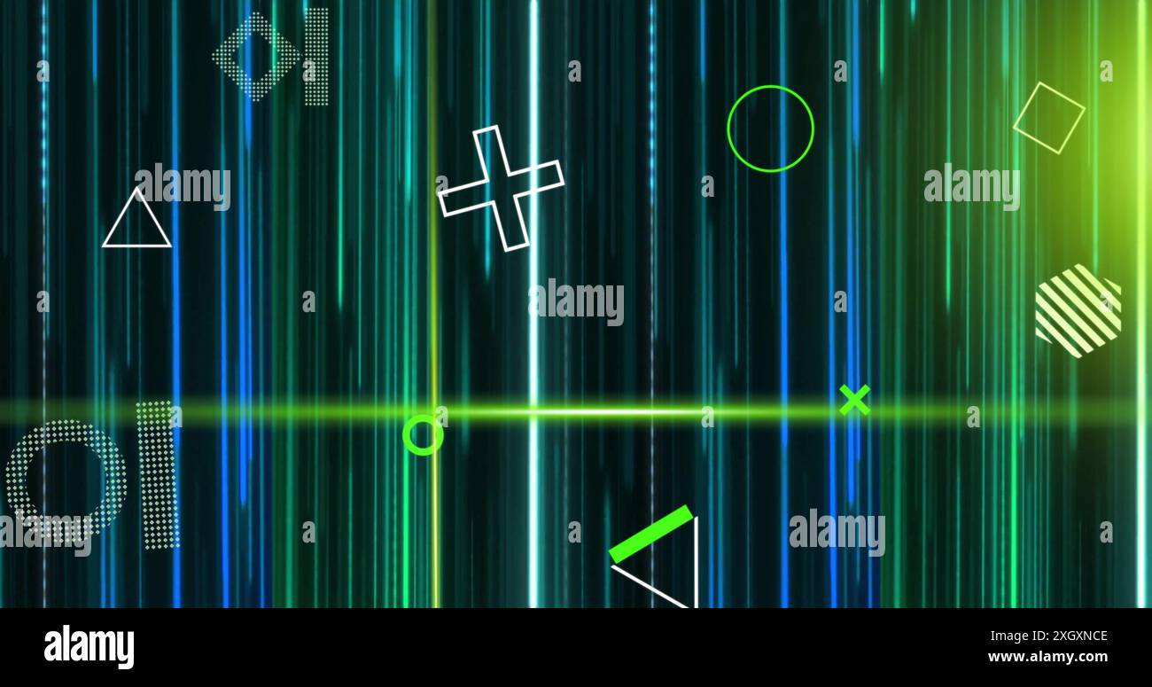 Image of rotating 3d shapes and green scanner beams over blue lights ...