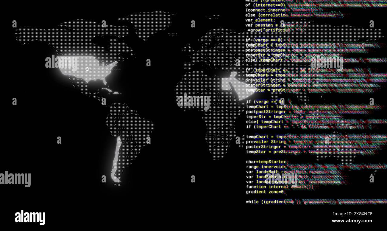 Image of data processing over flashing world map on black background. Connection, data ...