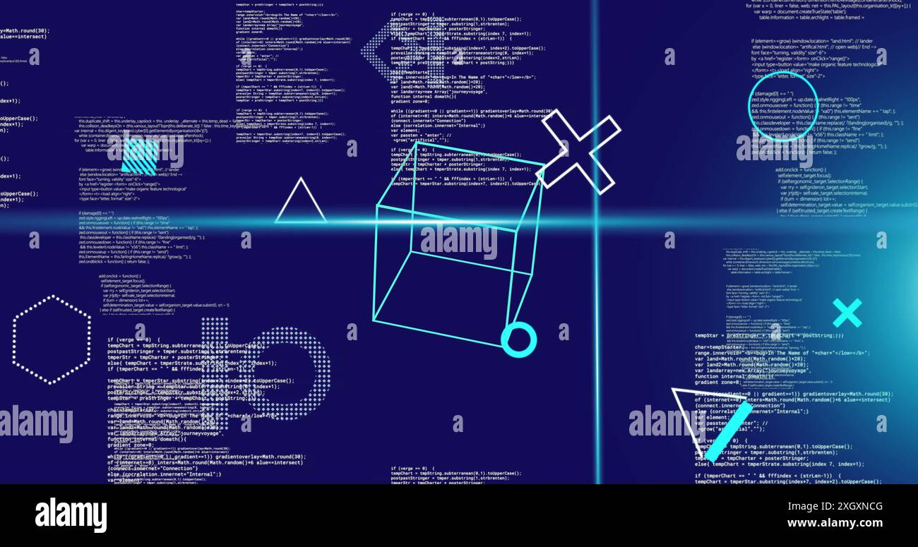 Image of rotating shapes and blue scanner beams over data processing on blue background Stock ...