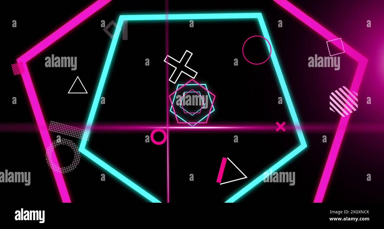 Image of rotating shapes and pink and blue hexagons with pink scanner ...