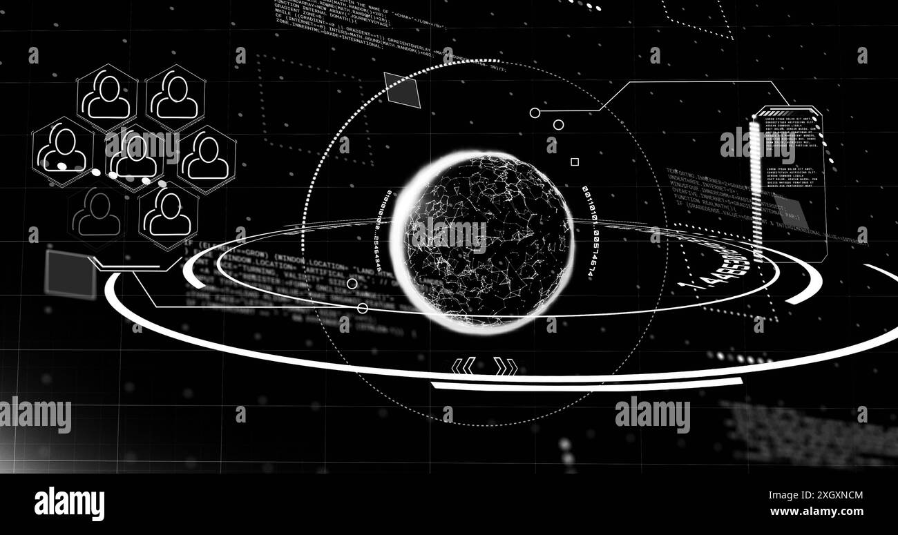 Image of globe with icons and data processing over black background. Global artificial ...
