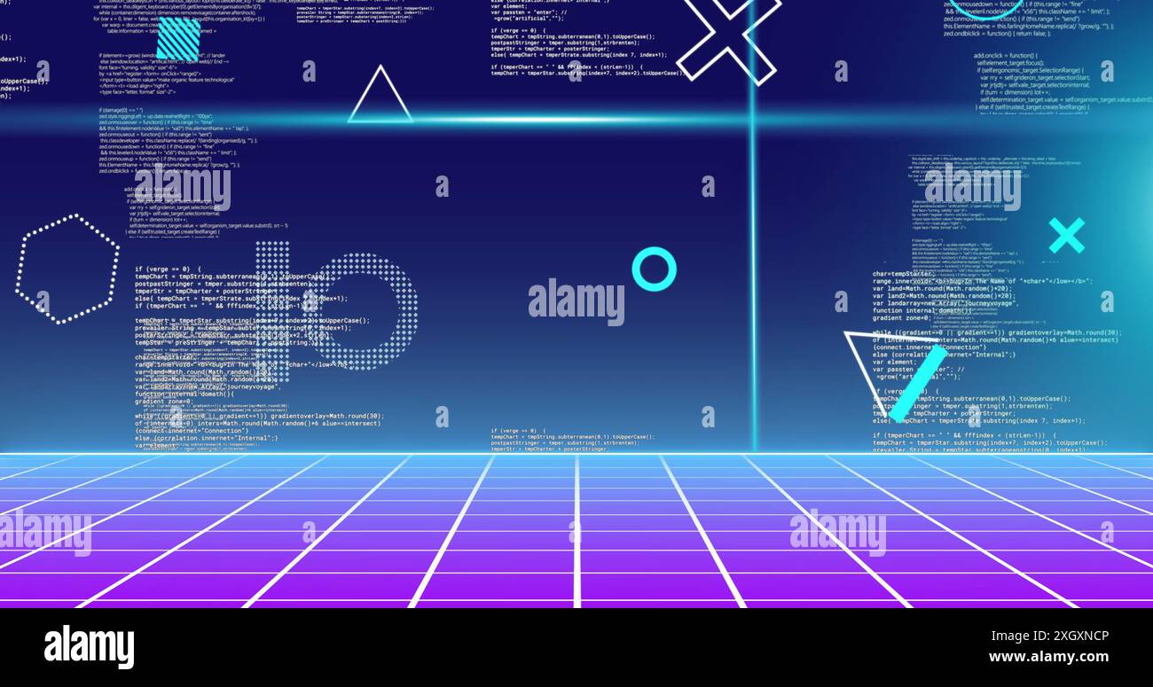 Image of rotating shapes and blue scanner beams over data processing on ...