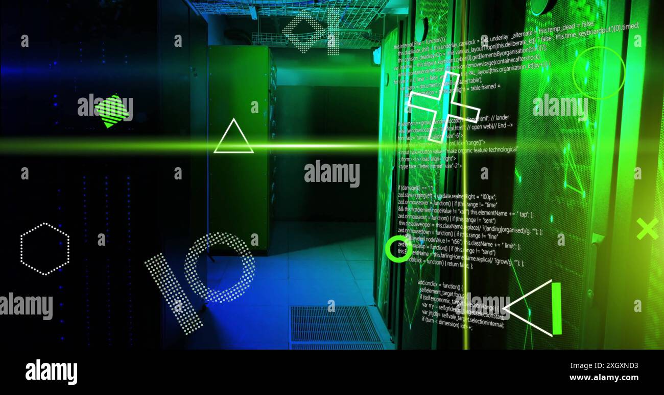 Image of rotating shapes, green scanner beams and processing data over ...