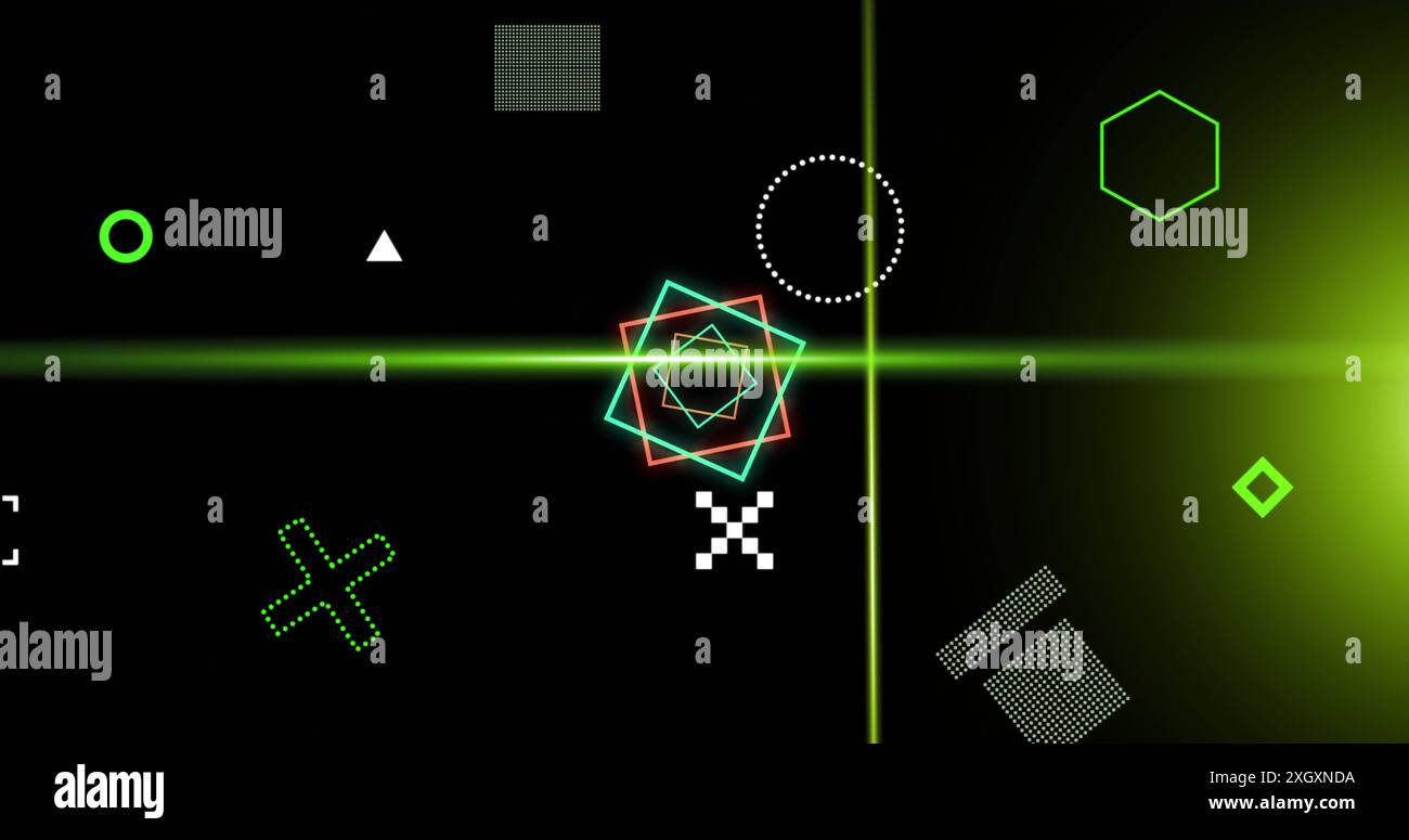 Image of rotating green and red squares, shapes and green scanner beams ...