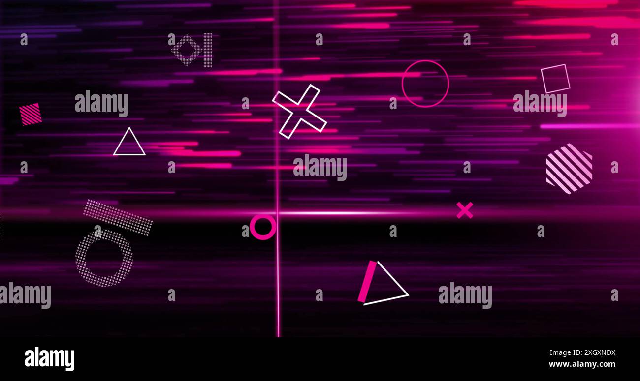 Image of rotating 3d shapes and pink scanner beams over pink and red ...