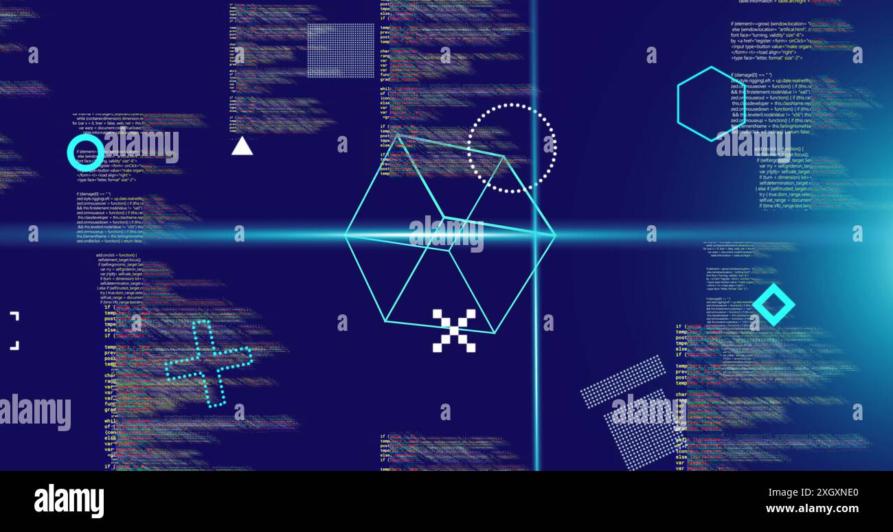 Image of rotating shapes and blue scanner beams over data processing on ...