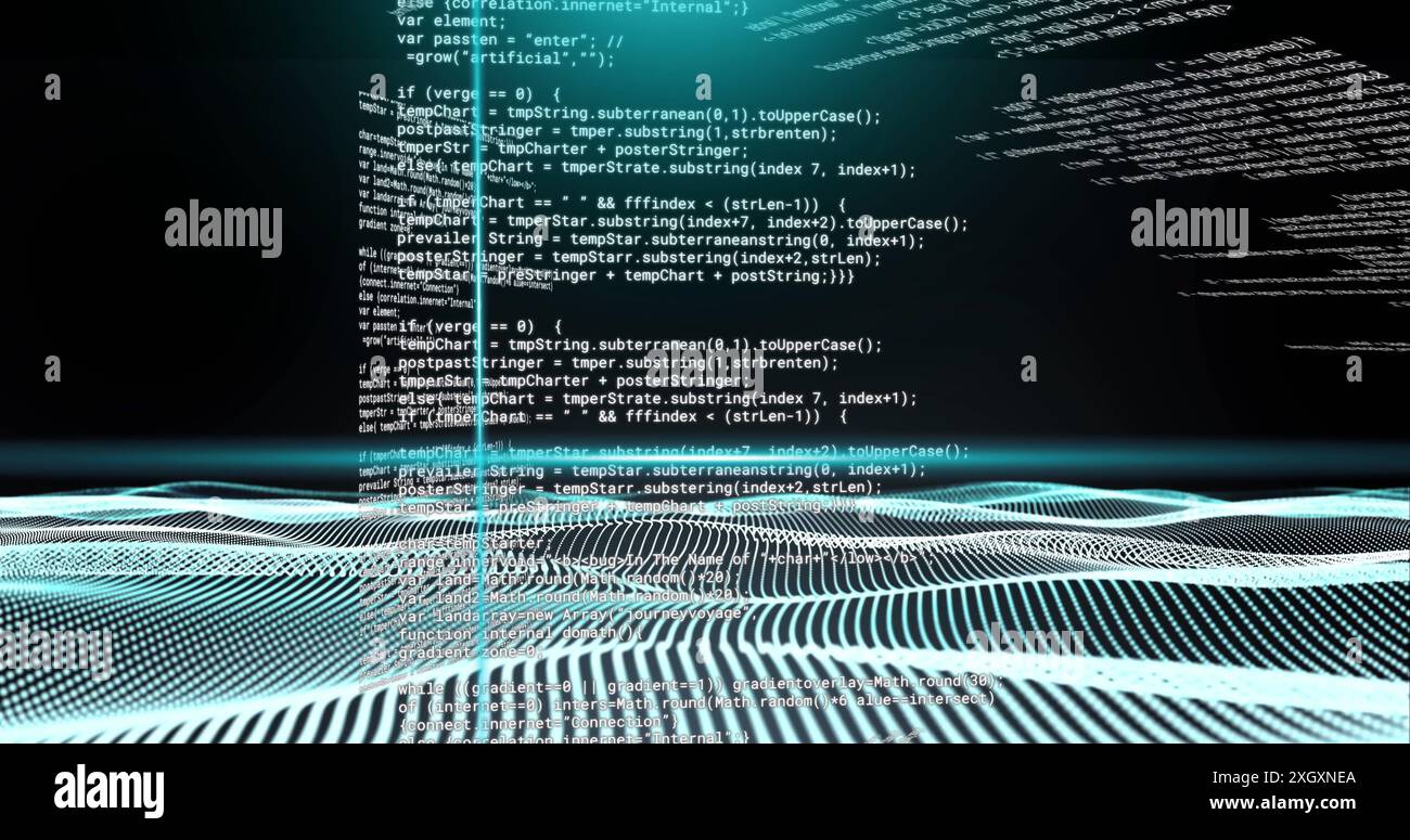 Image of blue scanner beams over 3d network waves and data processing ...