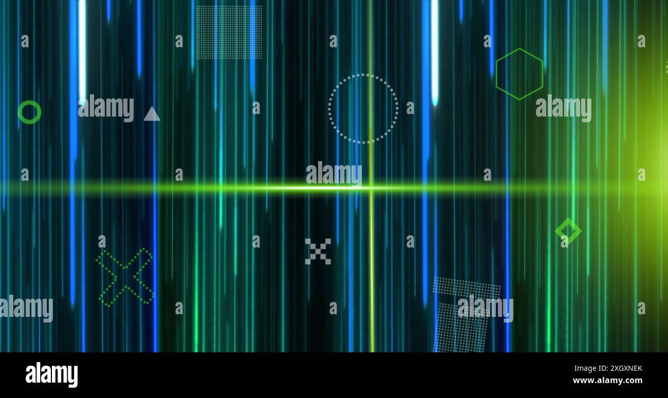 Image of rotating 3d shapes and green scanner beams over blue lights trails on black background ...