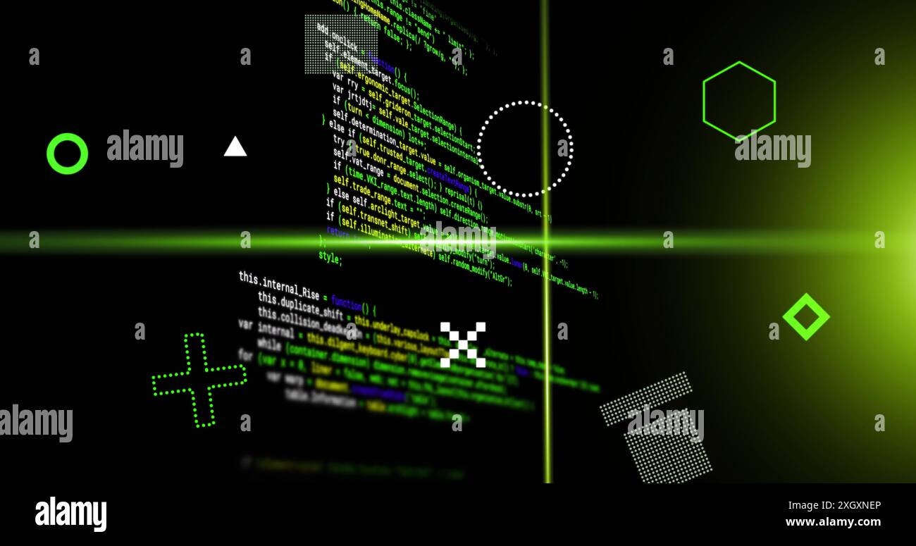 Image of rotating shapes and green scanner beams over data processing on black background ...