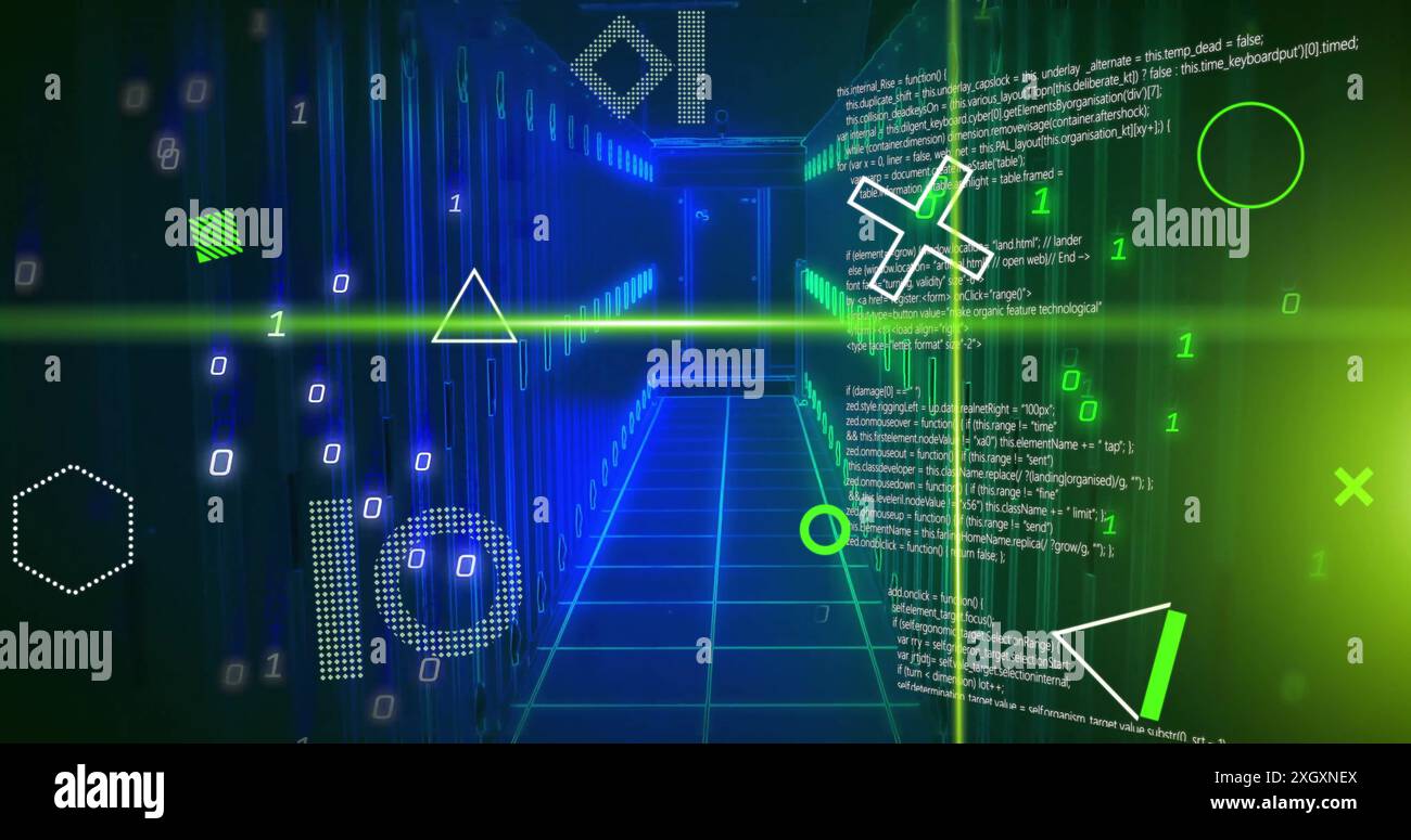 Image of rotating shapes, green scanner beams and processing data over ...