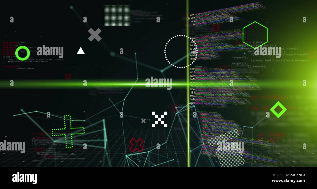 Image of rotating shapes and yellow scanner beams over networks and ...