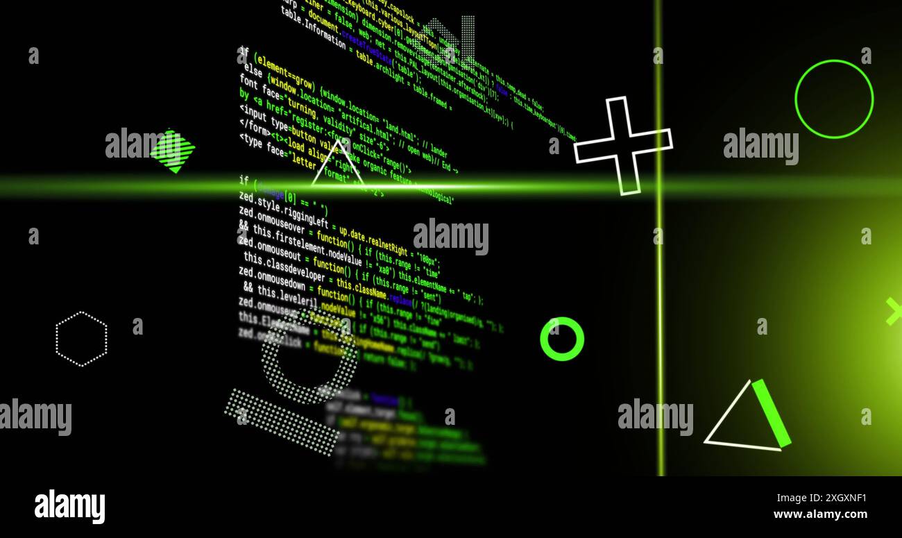 Image of rotating shapes and green scanner beams over data processing on black background Stock ...