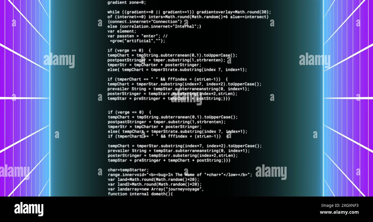 Image of glitching data processing on black background with glowing purple grid Stock Photo - Alamy