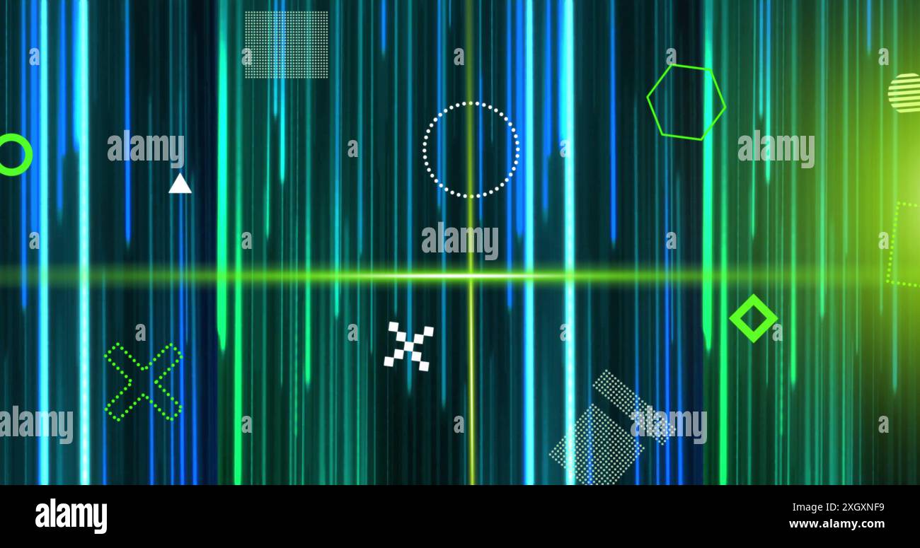 Image of rotating 3d shapes and green scanner beams over blue lights ...