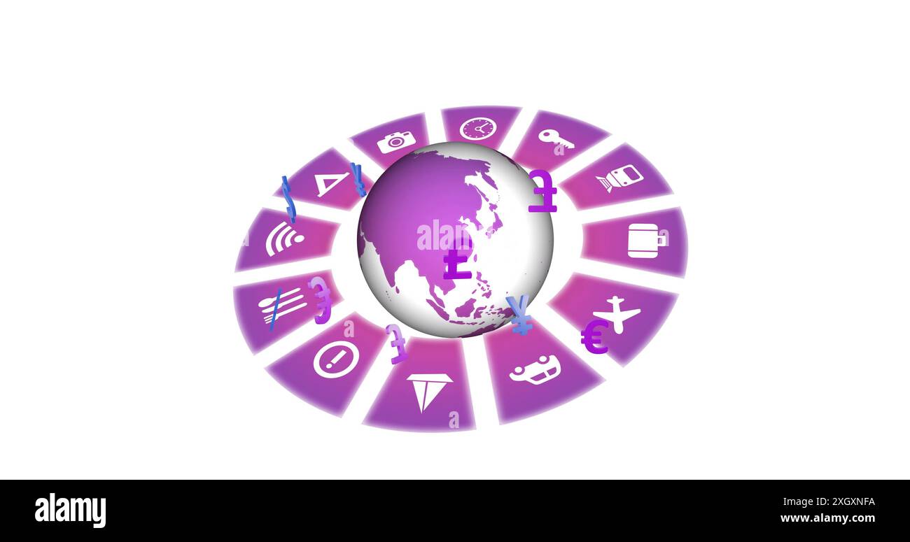 Image of globe with icons and currency symbols on white background ...