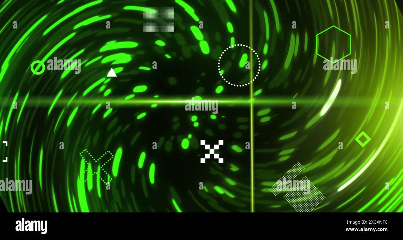 Image of rotating shapes and green scanner beams over swirling green lights on black background ...