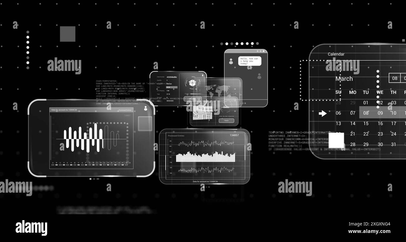 Image of screens with data processing over black background. Global ...
