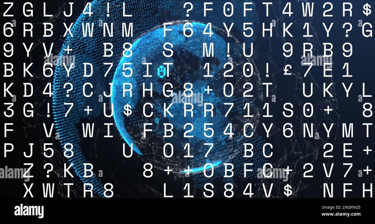 Image of changing numbers and alphabets over spinning globe against blue background. Global ...
