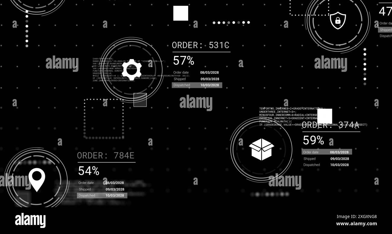 Image of icons and data processing over black background. Global artificial intelligence ...
