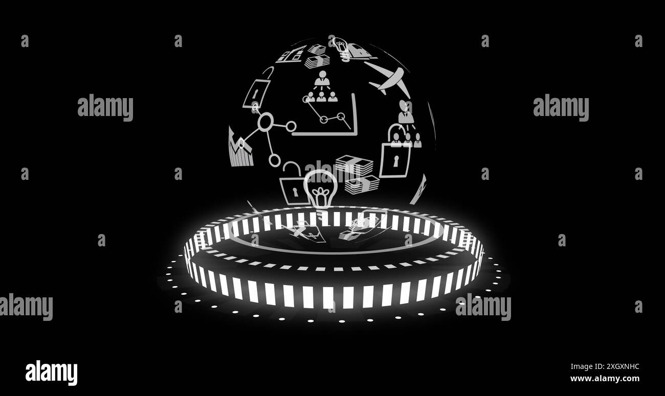 Image of globe with icons and data processing over black background ...