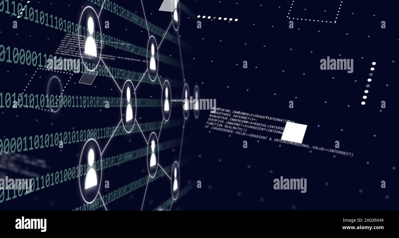 Image of icons with binary coding and data processing over black background. Global artificial ...
