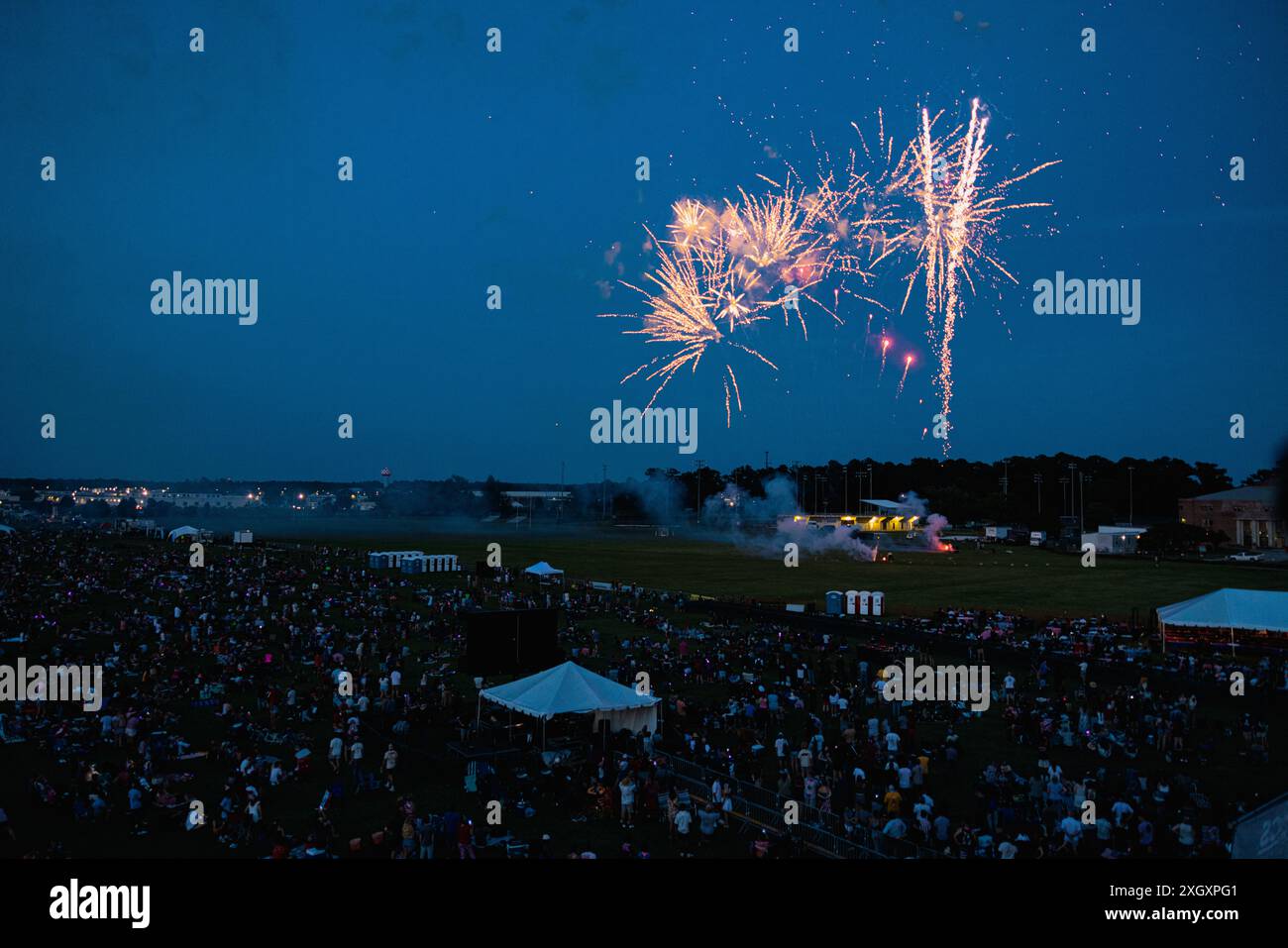 Fireworks burst above W.P.T. Hill Field during the Marine Corps Base ...