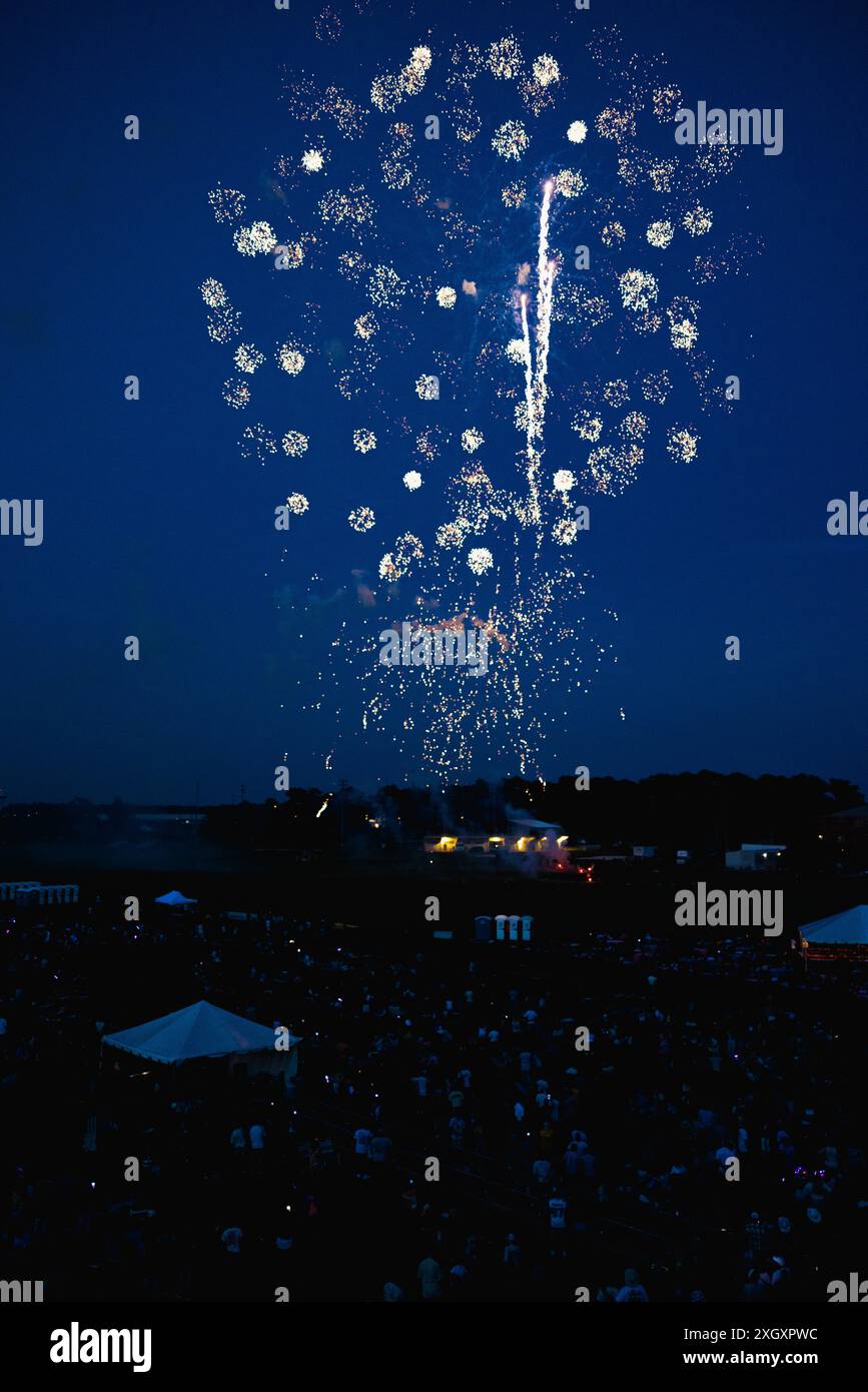 Fireworks burst above W.P.T. Hill Field during the Marine Corps Base ...