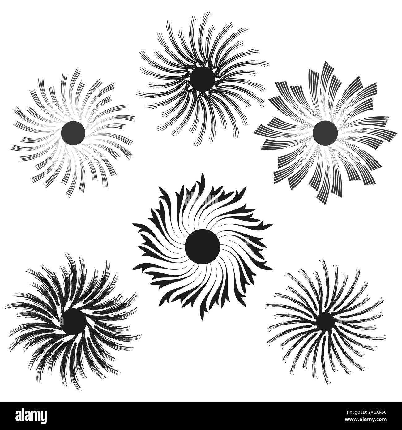 Abstract sunburst designs. Black circular patterns. Vector radial shapes. Dynamic line elements ...