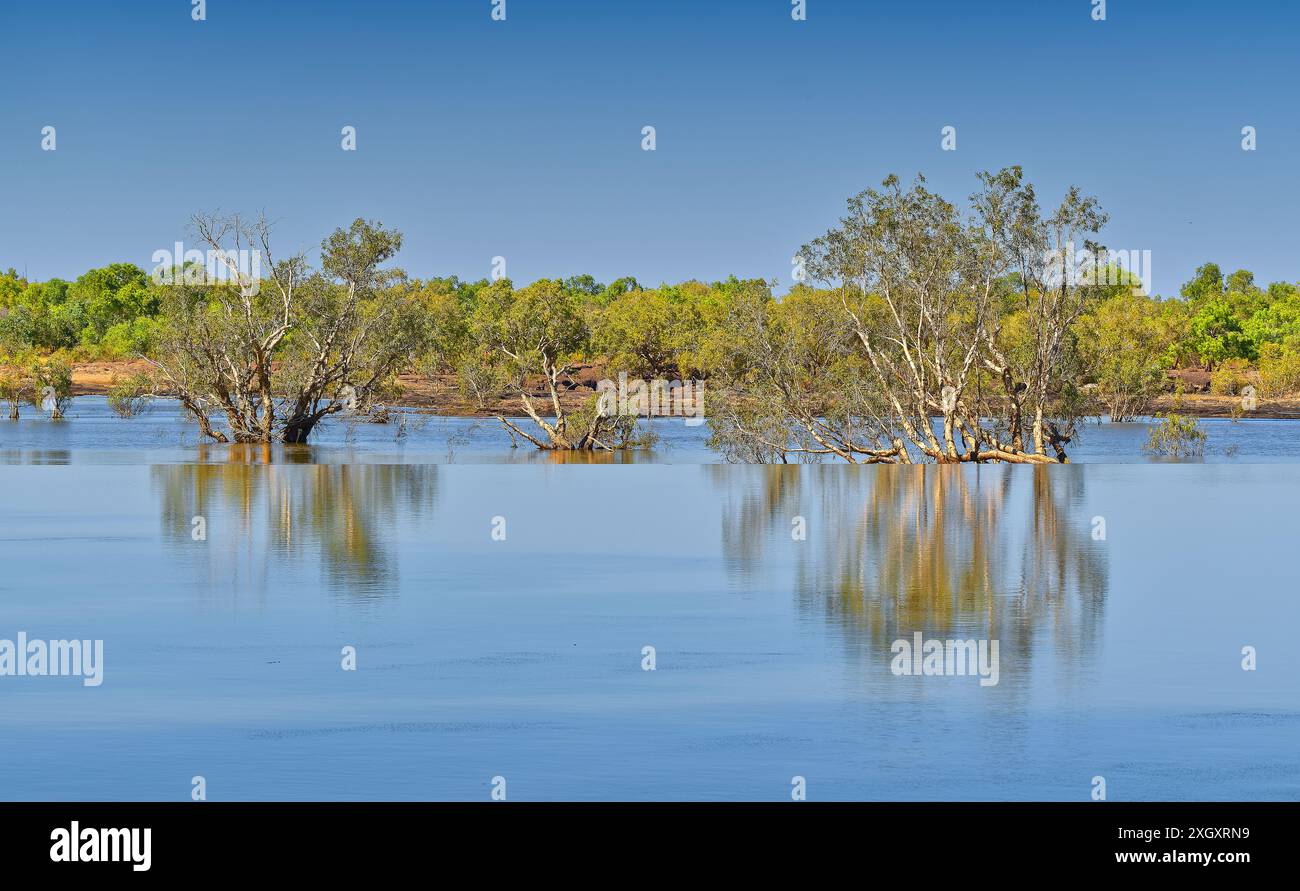 Outback Nicholson river crossing reflections of trees in water blue sky ...