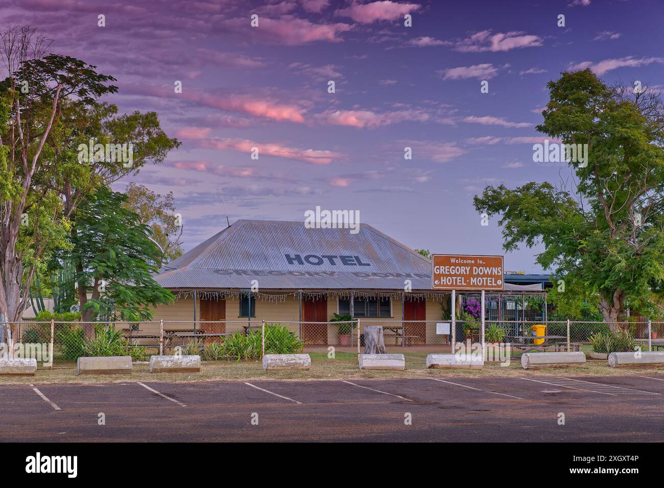 Gregory Downs Hotel iconic Australian pub in the outback at sunset with ...