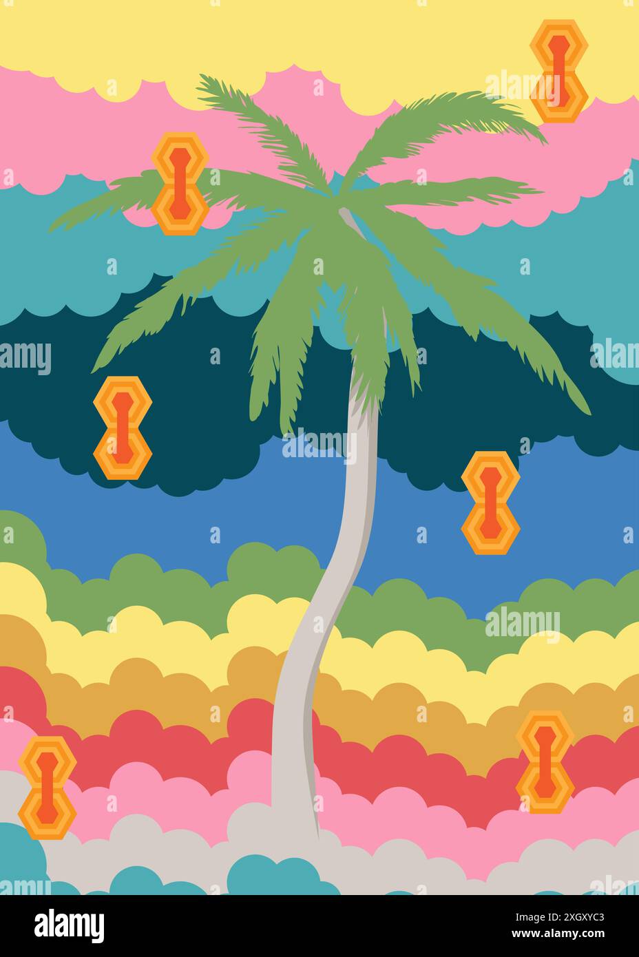 Retro 70s Background with Palm Tree. Groovy Exotic 1970s art template ...