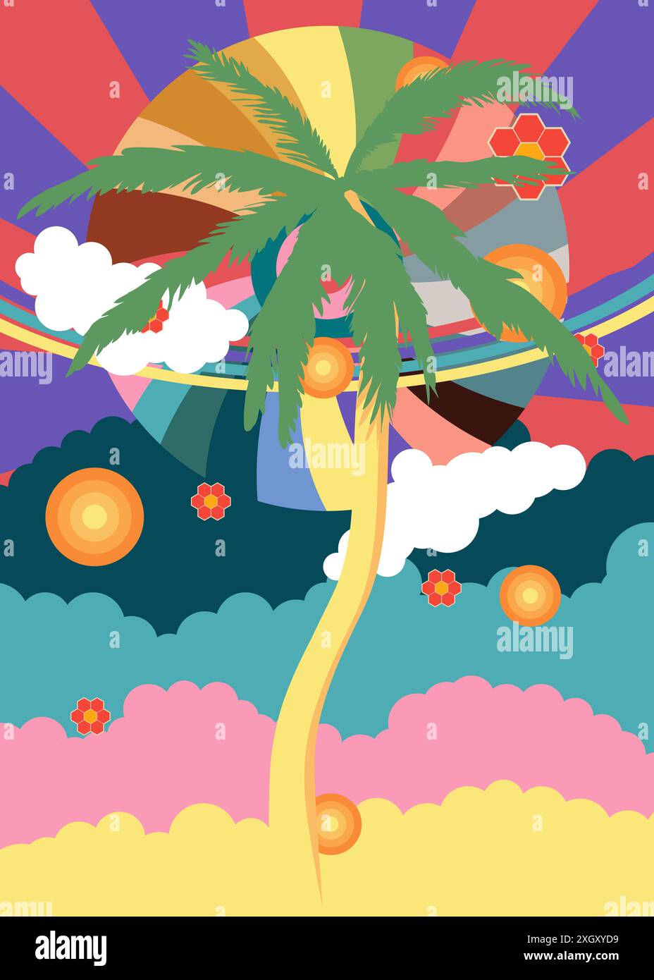 Retro 70s Background with Palm Tree. Groovy Exotic 1970s art template ...