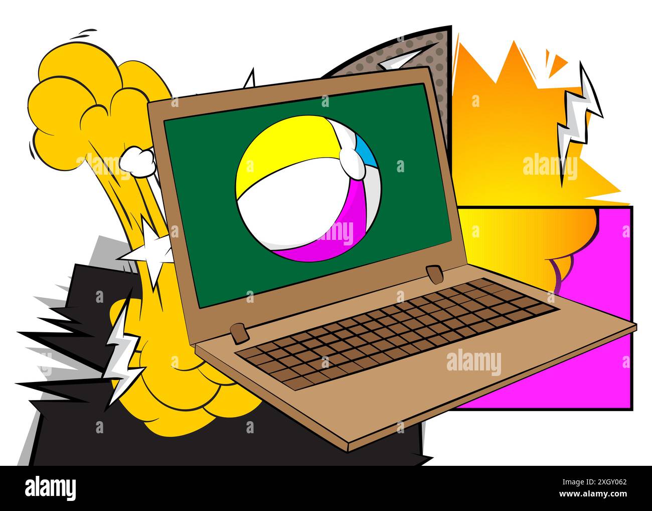 Cartoon Laptop, comic book Notebook with Beach Ball. Retro vector ...