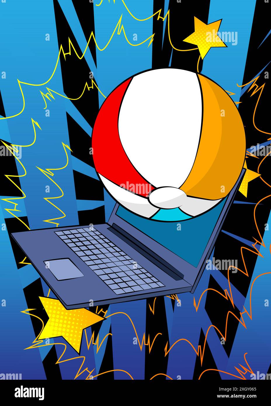 Cartoon Laptop, comic book Notebook with Beach Ball. Retro vector ...