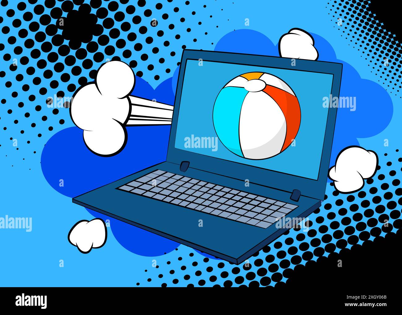Cartoon Laptop, comic book Notebook with Beach Ball. Retro vector ...