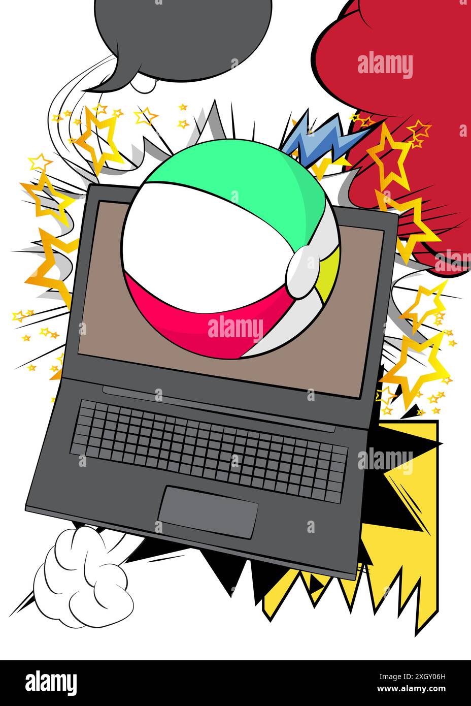 Cartoon Laptop, comic book Notebook with Beach Ball. Retro vector ...