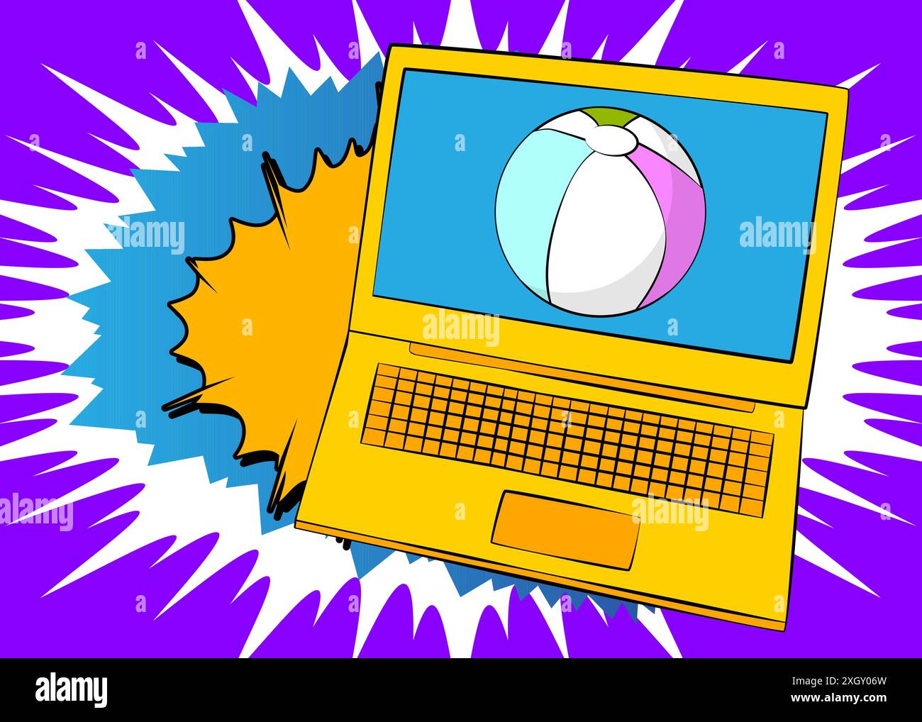 Cartoon Laptop, comic book Notebook with Beach Ball. Retro vector ...