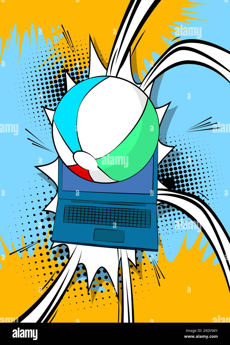 Cartoon Laptop, comic book Notebook with Beach Ball. Retro vector ...