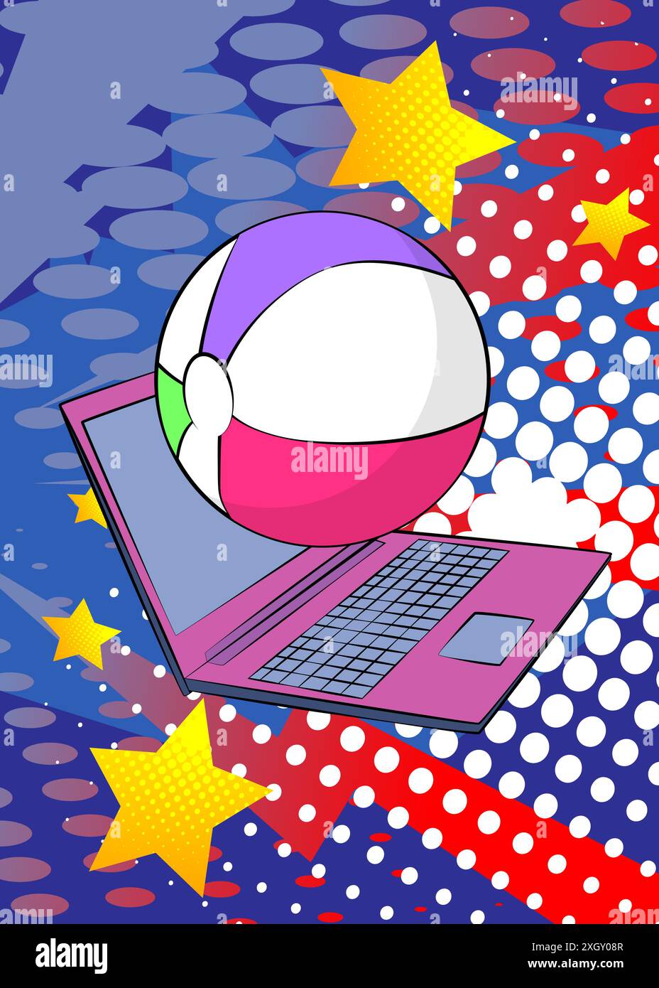 Cartoon Laptop, comic book Notebook with Beach Ball. Retro vector ...