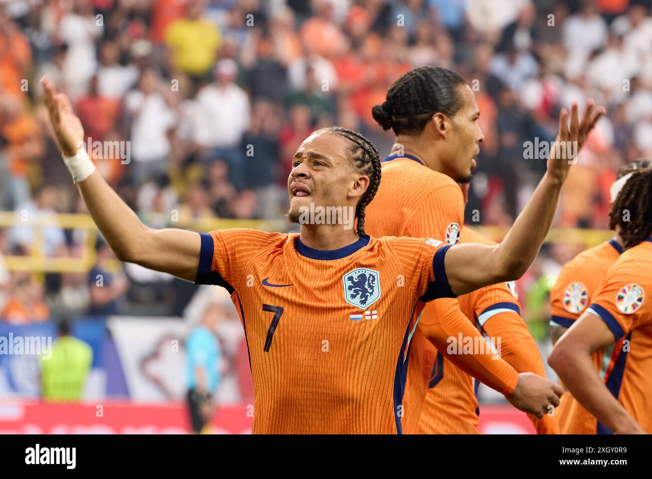 Dortmund. 10th July, 2024. Xavi Simons of the Netherlands celebrates ...