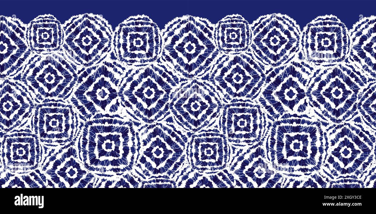 Vector blue and white shibori diamond and squares overlap horizontal ...