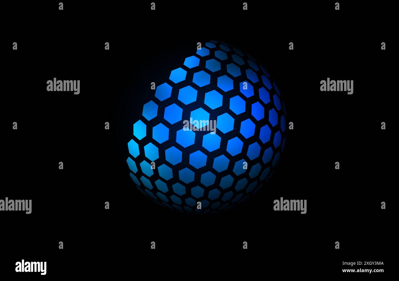 Blue neon hexagon pattern sphere. 3d halftone hemisphere concept. Grid globe futuristic element ...