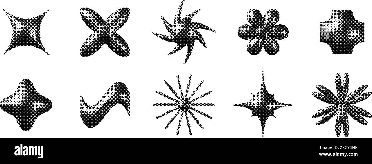 Pixelated 3d Y2K shapes set. Bitmap stars, flowers, sparkles element collection. Retro 8 bit ...