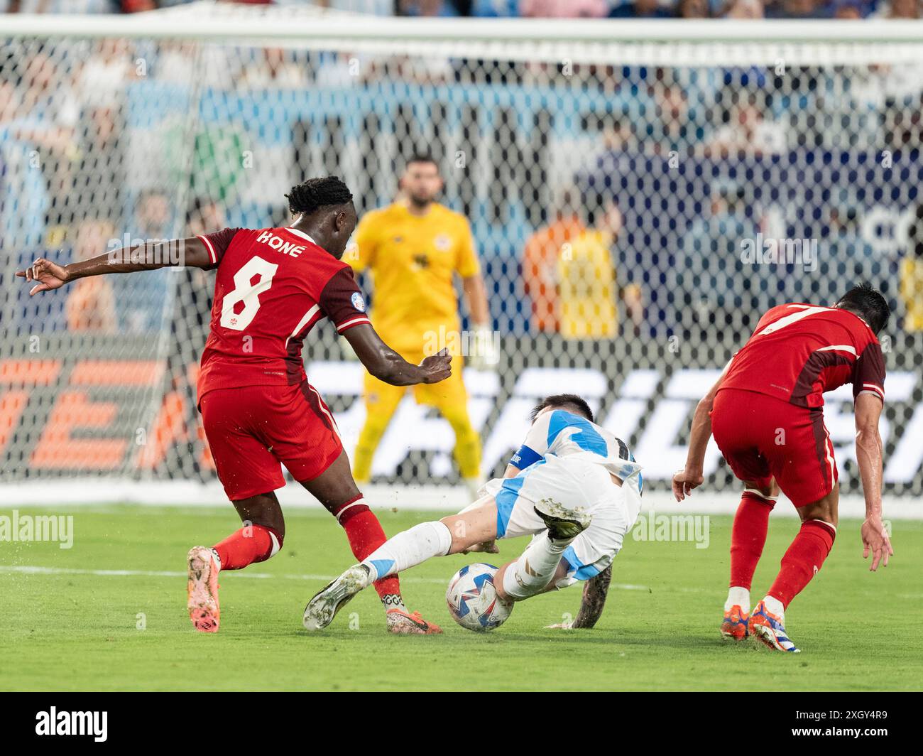 Lionel Messi (10) of Argentina fouled during Conmebol Copa America 2024 ...