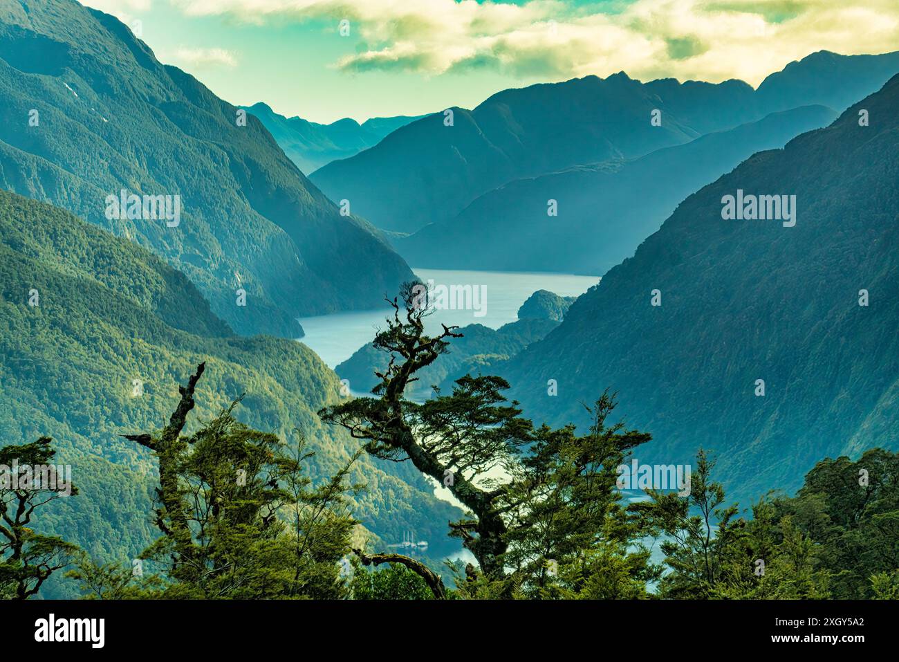 Deep cove in Doubtful Sound viewed from the top of the mountain Pass ...