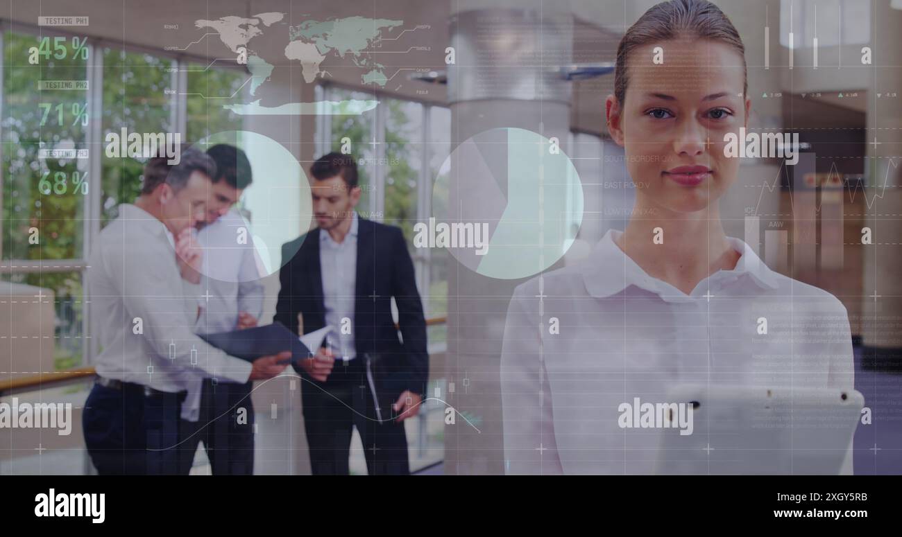 Image of data processing over diverse business people talking. Global ...